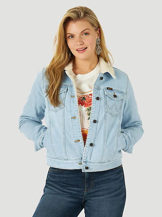 WOMEN'S WRANGLER RETRO® SHERPA LINED WESTERN DENIM JACKET IN BLEACHED ...